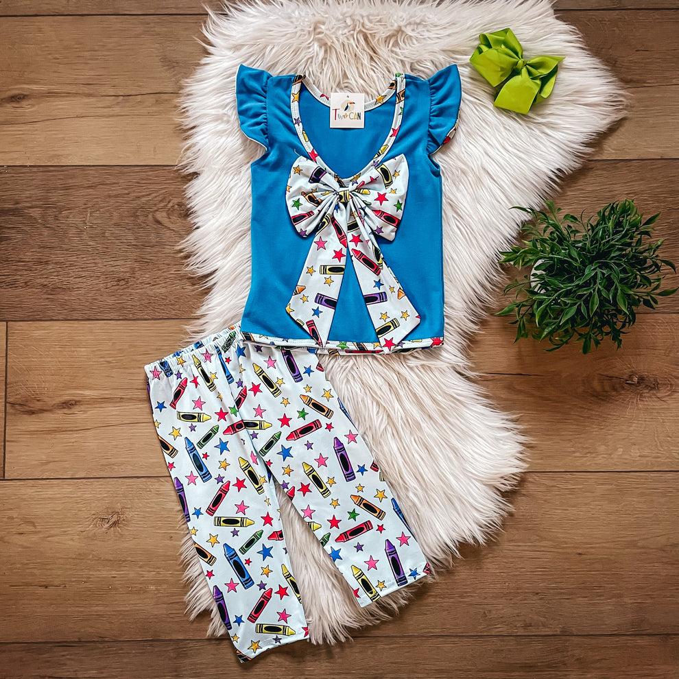 Color Me for School Bow Back Capri Set – The Poppy Sage Children's Boutique